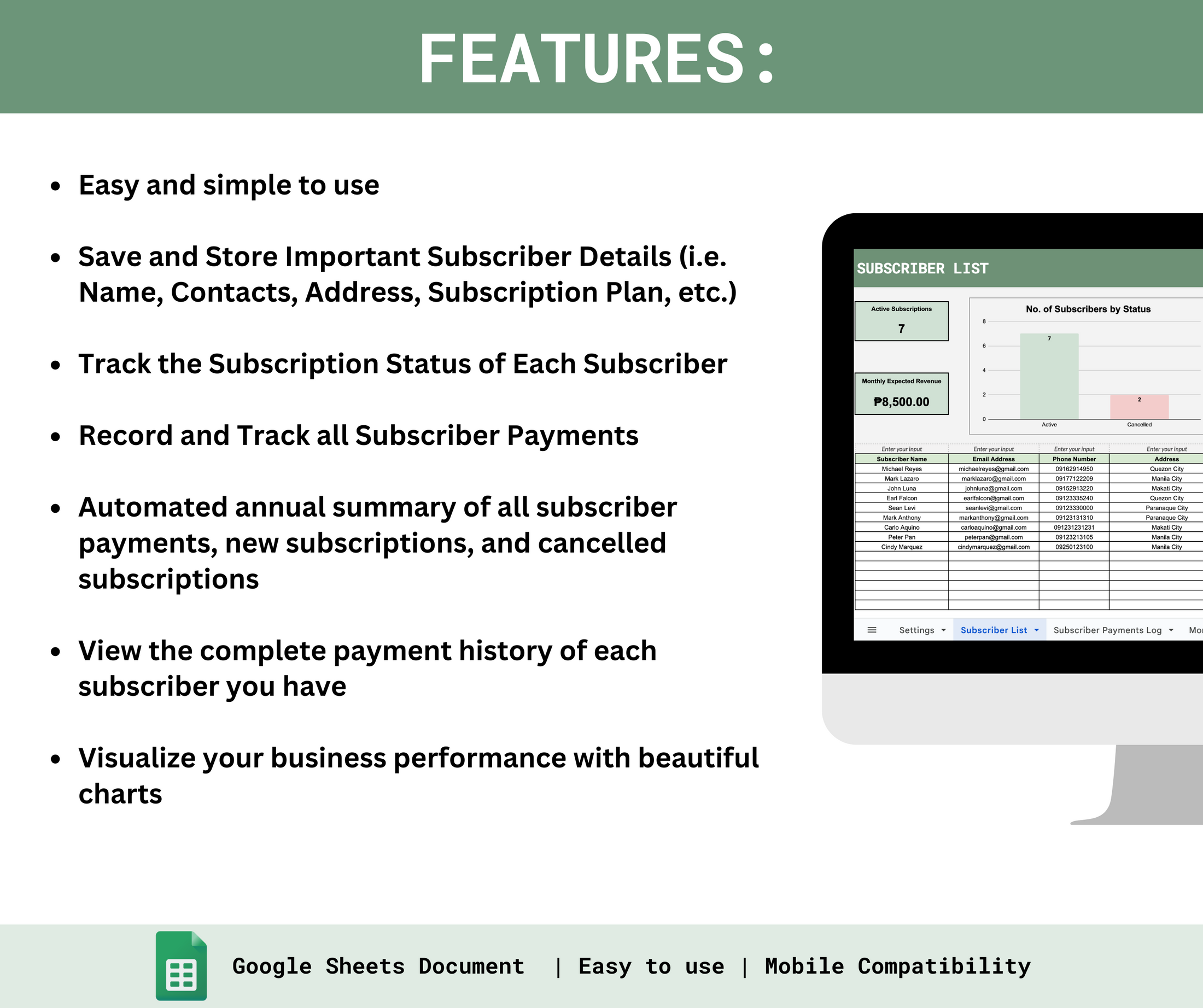 Monthly Subscription Business Payments Tracker – Spreadsheets PH