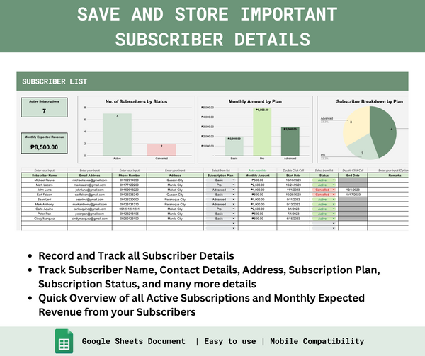 Monthly Subscription Business Payments Tracker – Spreadsheets PH