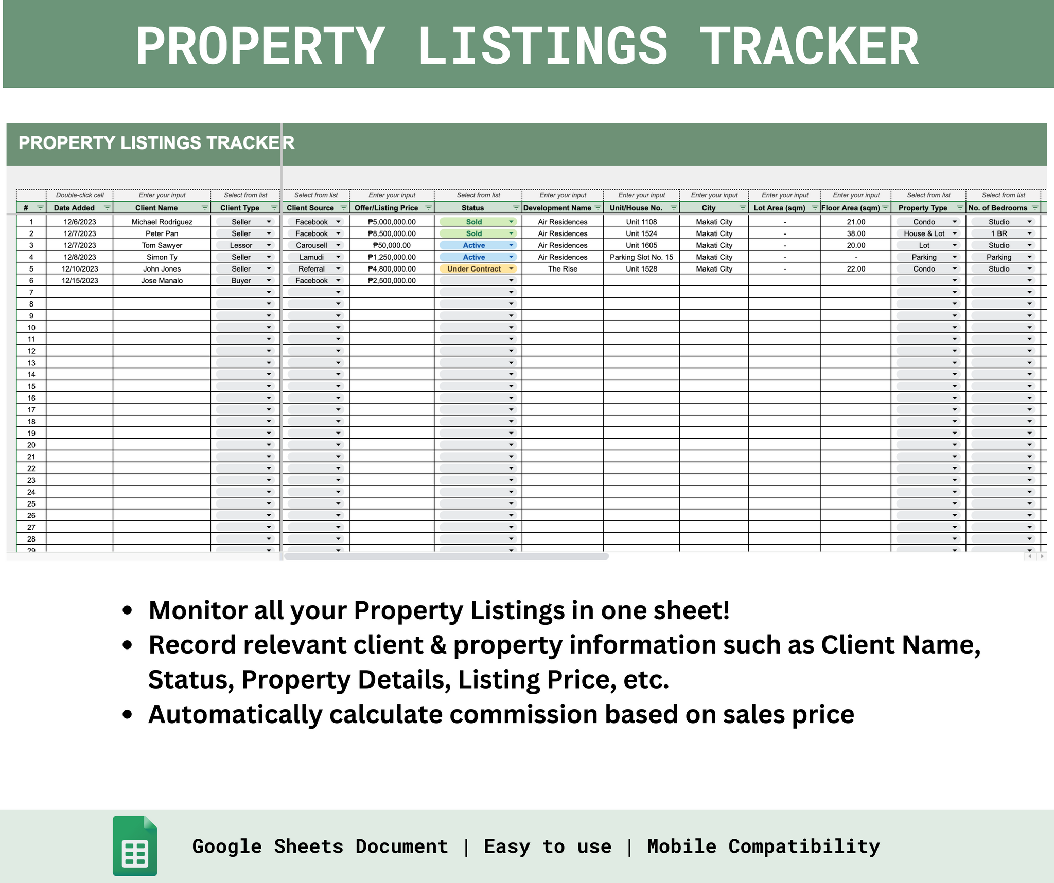 Real Estate Agent Sales Tracker – Spreadsheets PH