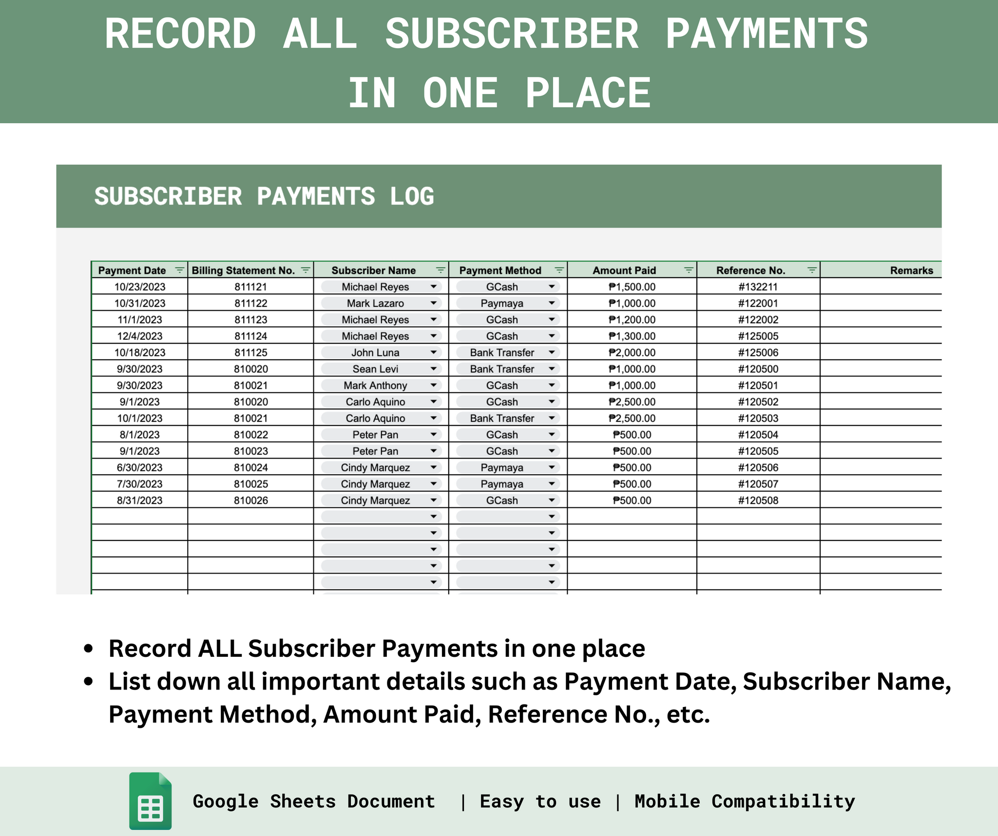 Monthly Subscription Business Payments Tracker – Spreadsheets PH