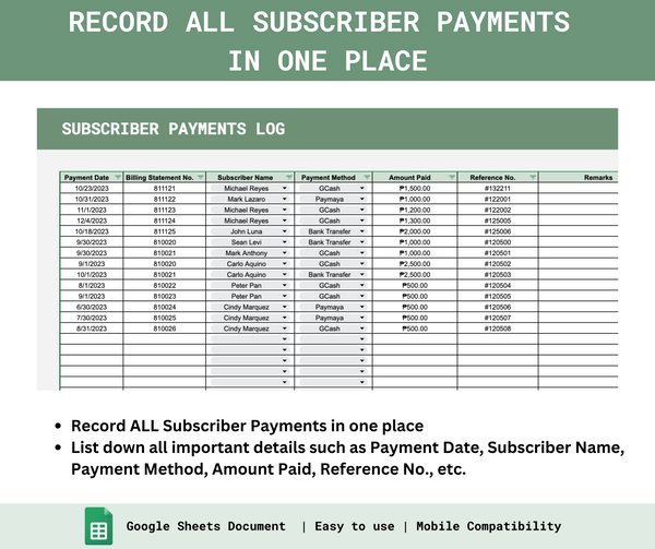 Monthly Subscription Business Payments Tracker – Spreadsheets PH