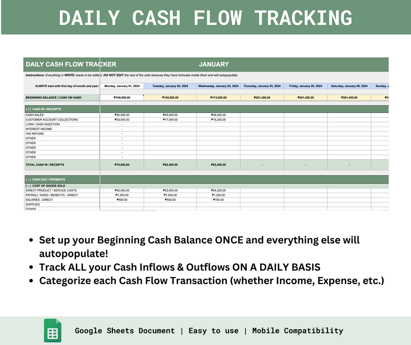 Daily Cash Flow Tracker – Spreadsheets PH