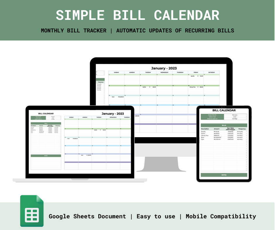 Simple Bills Calendar – Spreadsheets PH