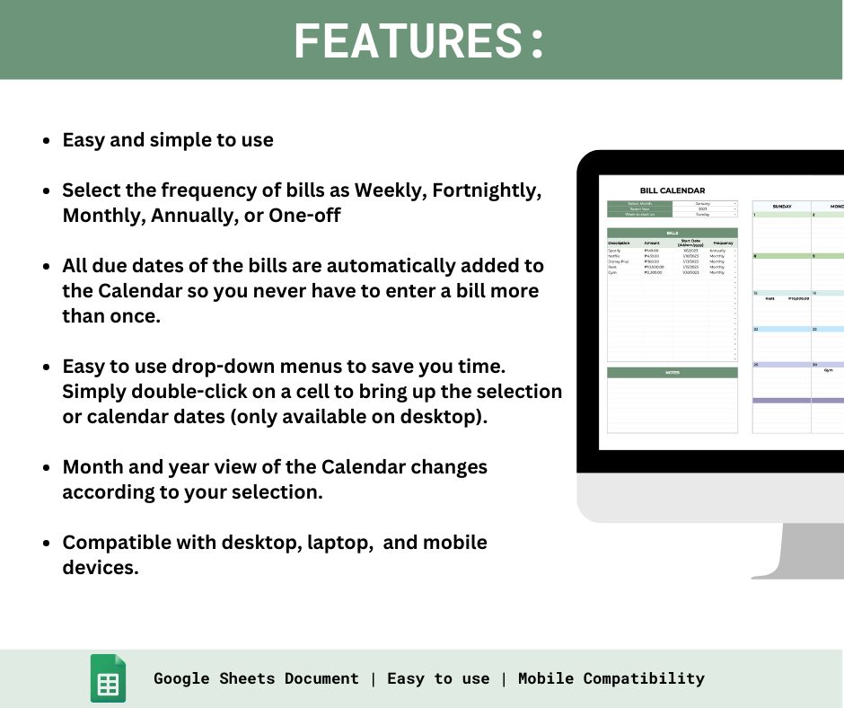 Simple Bills Calendar – Spreadsheets PH